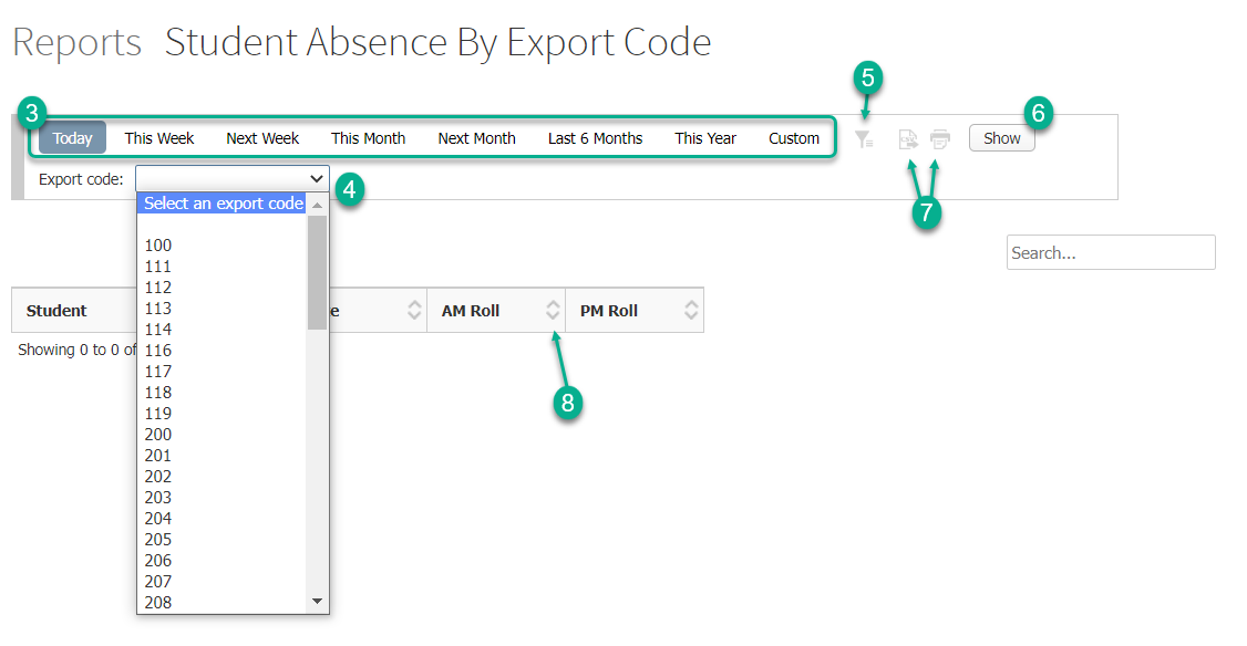 Attendance reports: Student Absence by Export Code